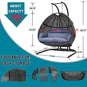 2 Person Swing Chair with Stand, X-Large Wicker Rattan Hanging Egg Chair Loveseat Chair with Cushion and Cover for Indoor Outdoor Bedroom Patio Garden (Black Frame + Dusty Blue Cushion)