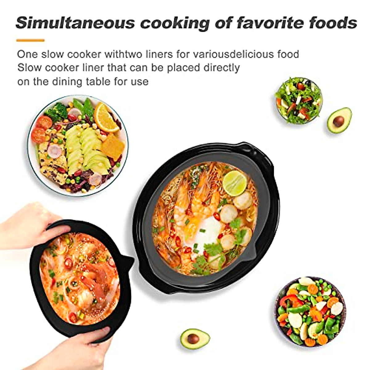 VYAJI 2PCS Silicone Slow Cooker Liners - Perfect compatible with Crockpot, Hamilton Beach, Elite Gourmet, Bella and any other 6,7,8QT slow cooker - Food-Grade Material, Easy Cleanup, Reusable, Eco-Friendly