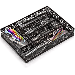 Coloch Metal Utensil Drawer Organizer with 5 Compartments , Black Flatware Storage Organizer Mesh Wire Silverware Tray with Foam Sheet for Knives, Spoons, Forks, Kitchenware