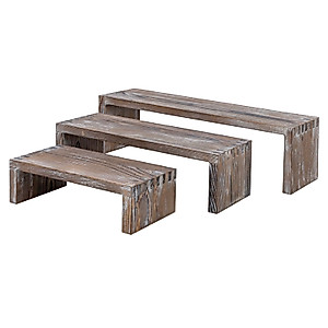 MyGift Rustic Brown Wood 3-Tier Collectibles Figurine Display Risers, Dessert Showcase Stands, Set of 3