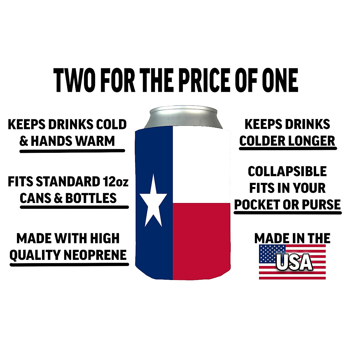 Texas Flag Collapsible Beer Can Bottle Beverage Cooler Sleeves 2 Pack Gift Set