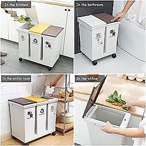 Kitchen Trash Can 16 gallon Recycle Bin,Triple Compartment Garbage Can,60L large capacity Trash Bins with Wheels,Plastic Waste Bin Sorting Garbage Container for Office Living Room,Grey,16 Gallon/60L