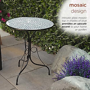 Alpine Corporation 18" Round Indoor/Outdoor Metal Decorative Table with Blue Mosaic Tile Top