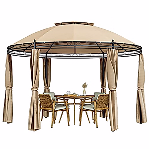 Tangkula 11.5x11.5 ft Round Patio Gazebo, 2-Tier Dome Gazebo with Removable Side Curtains, Heavy Duty Steel Frame, Outdoor Gazebo Pavilion for Backyard, Deck, Poolside, Garden (Brown)