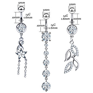 Vsnnsns Belly Button Rings, 7Pcs 14G Stainless Steel CZ Opal Long Dangle Piercing Jewelry for Women Men, Silver