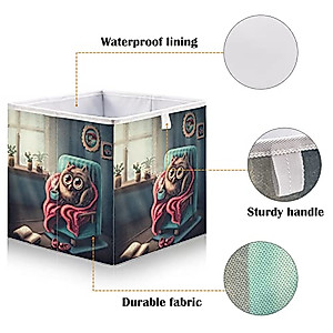 ALAZA Collapsible Storage Cubes Organizer,Owl Sitting in The Chair and Drinking Coffee Storage Containers Closet Shelf Organizer with Handles for Home Office