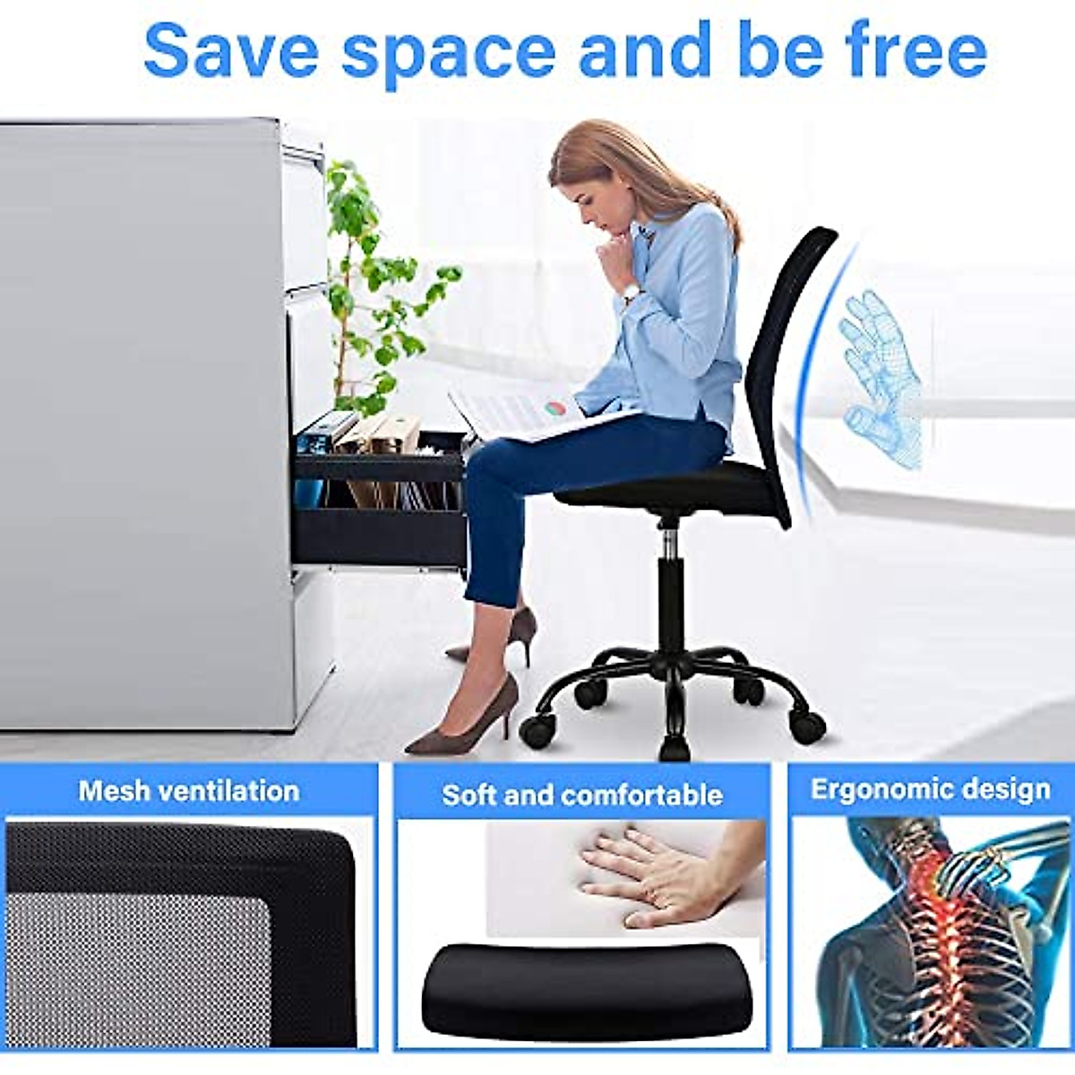Armless Office Chair Ergonomic Computer Chair Student Desk Chair Height Adjustable Home Office Chair with Wheels Mid-Back Mesh Chair Swivel Task Chair for Small Space Bedroom, Black