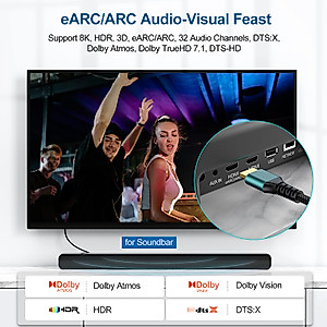 UVOOI 8K HDMI ARC/eARC Cable for Soundbar 6.6FT, eARC HDMI 2.1 Cable, High Speed HDMI Cord 48Gbps 8K@60Hz, 4K@120Hz Dolby Atoms (HDCP 2.2&2.3, 3D, HDR10) for Sound bar, Roku TV, PS5, HDTV, Blu-ray
