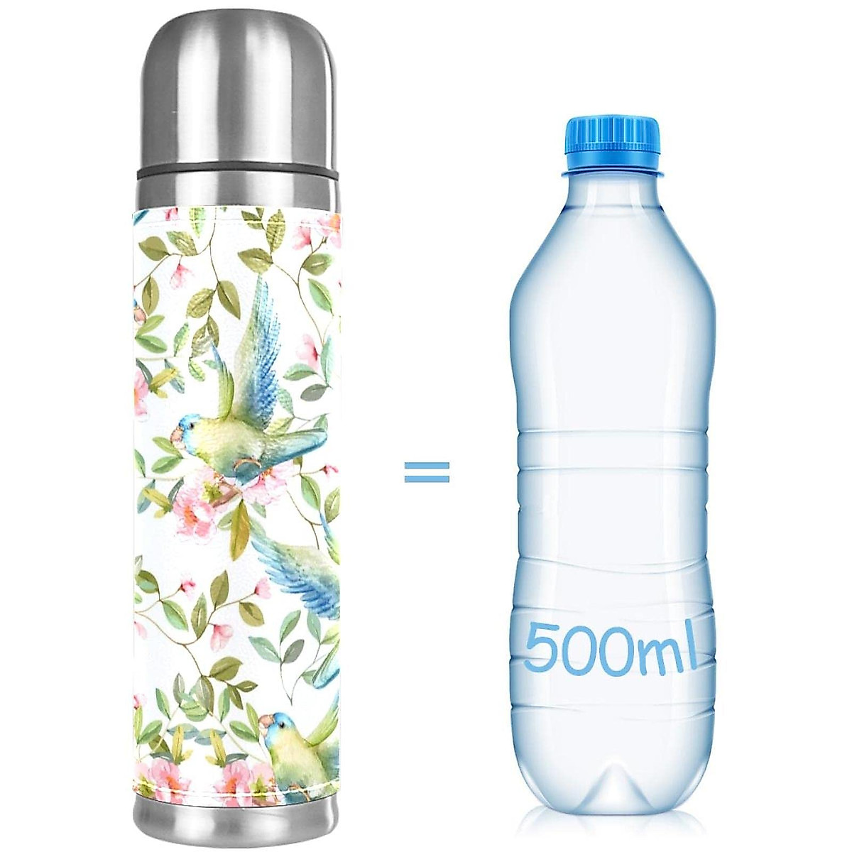 Stainless Steel Leather Vacuum Insulated Mug Flowers and Birds Thermos Water Bottle for Hot and Cold Drinks Kids Adults 16 Oz