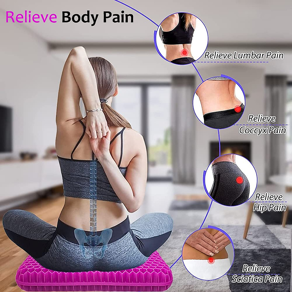 Extra Thick Gel Seat Cushion, Office Seat Cushion for Long Sitting Breathable Egg Gel Cushion for Office Home Chairs, Cars, Long Trips – Back, Sciatica, Hip, Tailbone Pain Relief Cushion (Voilet)
