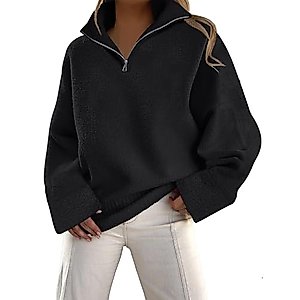 LILLUSORY Women's Black Oversized Quarter Half Zip Up Pullover Sweaters 2023 Fall Cashmere Fuzzy Knit Chunky Warm Light Lightweight Trendy Clothes Outfits