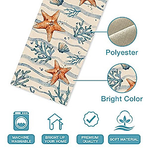 Seliem Summer Sea Starfish Conch Coral Table Runner, Coastal Ocean Wave Stripes Kitchen Dining Table Decor, Nautical Spring Seasonal Beach Home Decoration Indoor Outdoor Party Supply 13 x 72 Inches