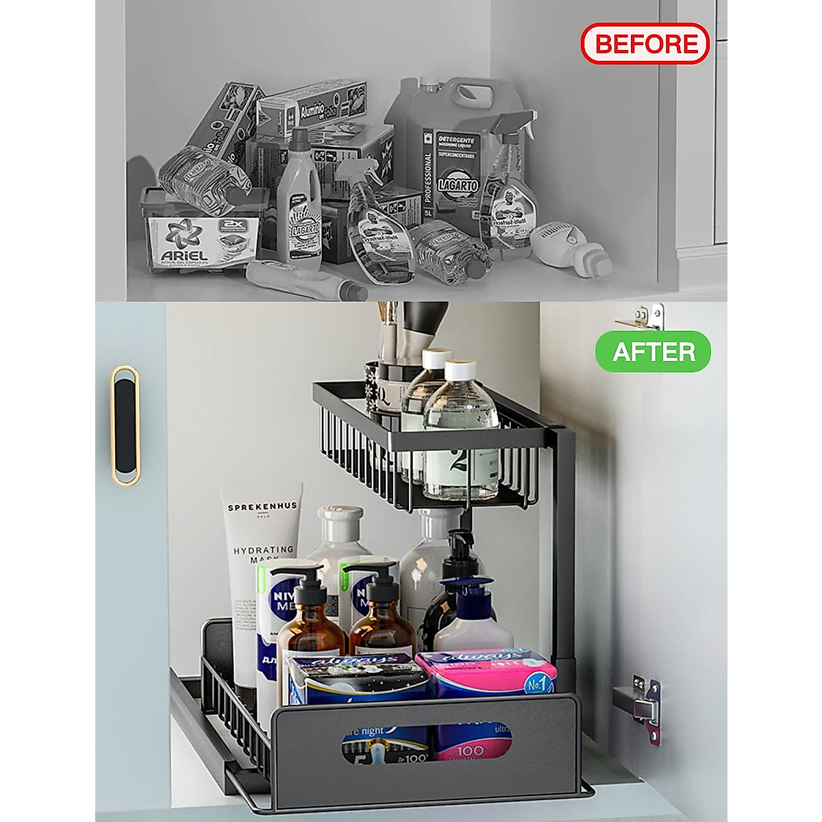 JPSDOWS Under Sink Organizer Storage for Kitchen Cabinet 2 Tier Metal Sliding Pull out Drawer Shelf Basket Organization Rack Multi-purpose for Bathroom Countertop Black