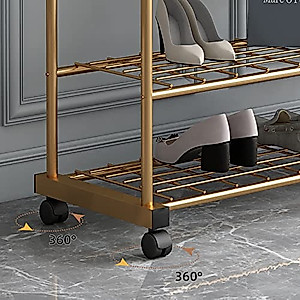 Thick forest Double Layer Clothes Rack Clothes Rack with Wheels Clothing Rack Rolling Rack Metal Rolling Garment Rack with Double-Tier Shelves, Clothes Storage and Organizer (Gold)…