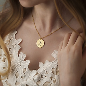 Anavia Birth Month Flower Necklace Birthday Gifts, Personalized Engraved Floral Coin Necklace, Customized Love Jewelry Necklace for Her Mom Sister Girlfriend Lily Poppy Sunflower (Silver)