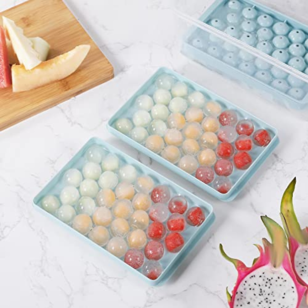 Round Ice Cube Trays - 3 Pack Round Ice Ball Maker Mold with Container Ice Cube Trays with Ice Bin Ice Scoop, for Ice Chilling, Cocktail, Juice, Coffee, Freezer