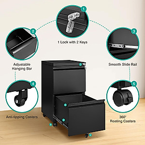 SISESOL 2 Drawer File Cabinet on Wheels,Metal Filing Cabinet with Lock,Black Rolling File Cabinets,Under Desk Office Cabinets for Home Office,Fit A4/Letter/Legal