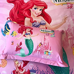 CASA 100% Cotton Kids Bedding Set Girls Mermaid Ariel Duvet Cover and Pillow Cases and Fitted Sheet,4 Pieces,Full