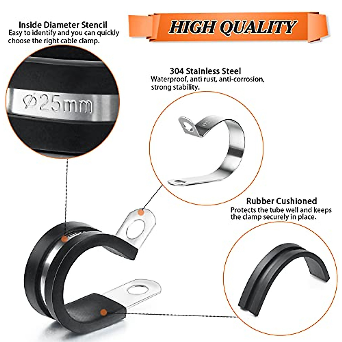 60PCS Cable Clamps Assortment Kit, Camtek Stainless Steel Rubber Cushion Pipe Clamps Hose Clamps Metal Clamp Fuel Line Hose Water Pipe Air Tubing Clamp 7 Sizes 1/4'' 5/16'' 3/8'' 1/2'' 5/8'' 3/4'' 1''