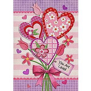 Dyrenson Happy Valentine's Day Pink Red Love Hearts Flower Decorative Garden Flag, Floral Purple Buffalo Plaid Check Farmhouse Yard Outside Decorations Wedding Anniversary Outdoor Small Decor 12x18
