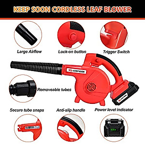 KEEPSOON Leaf Blower, Electric Leaf Blower Cordless with Powered Motor, 18V 2.0Ah Battery & Fast Charger, High/Low-Speed Handheld Battery Powered Blowers for Lawn Care Yard Work Around The House