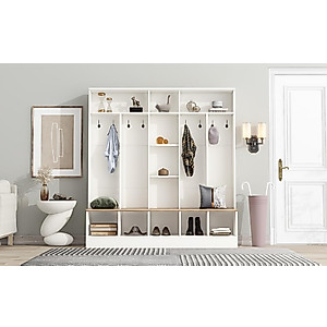 SHMAO Modern Hall Tree with Storage Bench, 4-in-1 Entryway Bench with Coat Rack, 8 Metal Hooks Tall Hall Tree with Shelves, Bottom Shoe Cubby Home Entryway Furniture for Hallway, Bedroom, 72" H White