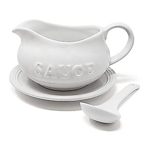 24 Oz Gravy Boat, Tray and Ladle | Ceramic White Gravy Dish With The Word "Sauce" On It