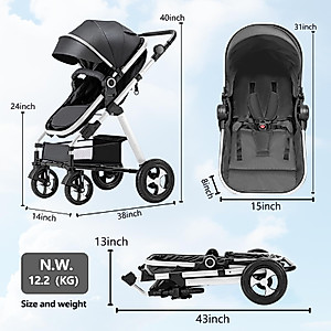 Blahoo Baby Stroller for Newborn, 2 in1 High Landscape Stroller, Foldable Aluminum Alloy Pushchair with Adjustable Backrest.Adjustable Awning, Variable Seat and Recliner(Black)