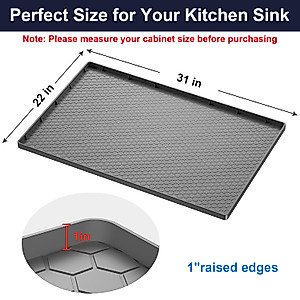 Under Sink Mat - 31" x 22" Waterproof Kitchen Cabinet Mat - Flexible Silicone Under Sink Liner - Kitchen Bathroom Cabinet Mat and Protector for Drips Leaks Spills (Gray)