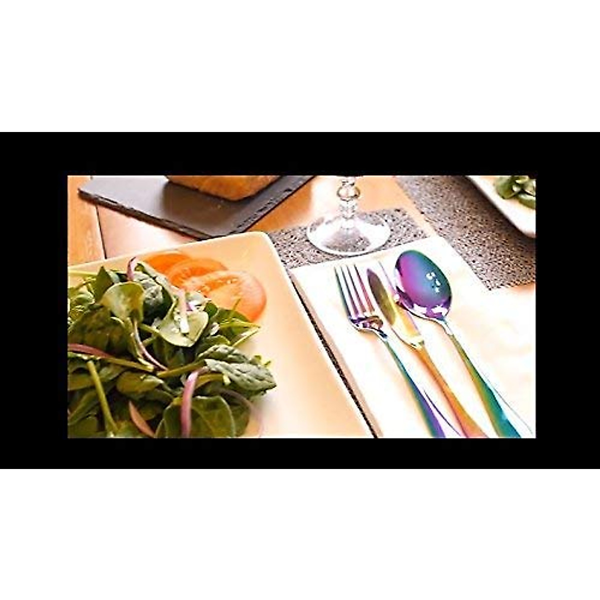 Lightahead 16pcs Rainbow colored Iridescent Stainless Steel Flatware Tableware Cutlery Set in attractive Black Gift Box (Multicolored)