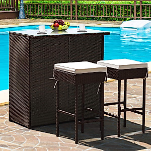 Tangkula Patio Bar Set, 3 Piece Outdoor Rattan Wicker Bar Set with 2 Cushions Stools & Glass Top Table, Outdoor Furniture Set for Patios Backyards Porches Gardens Poolside (Beige)