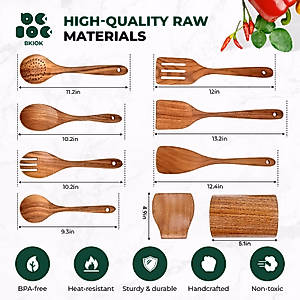 Bkiok Wooden Spoons for Cooking, Teak Wooden Utensil Set, Handmade Cooking Utensil Set with Spoon Rest and Utensils Holder (9Pcs)