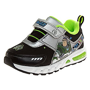 Disney Pixar Toy Story Shoes Laceless LED Lightup - Boys Kids Buzz Lightyear and Woody Character Tennis Sport Athletic Sneakers - Black/Green (Size 8 Toddler)