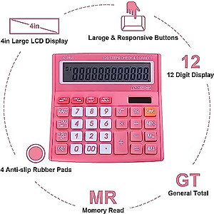 Office Desk Calculator 12 Digits with Solar Power and Easy to Read HD LCD Display, Big Buttons, for Financial Affairs,Home, Office, School, Class and Business,with Battery，Pink
