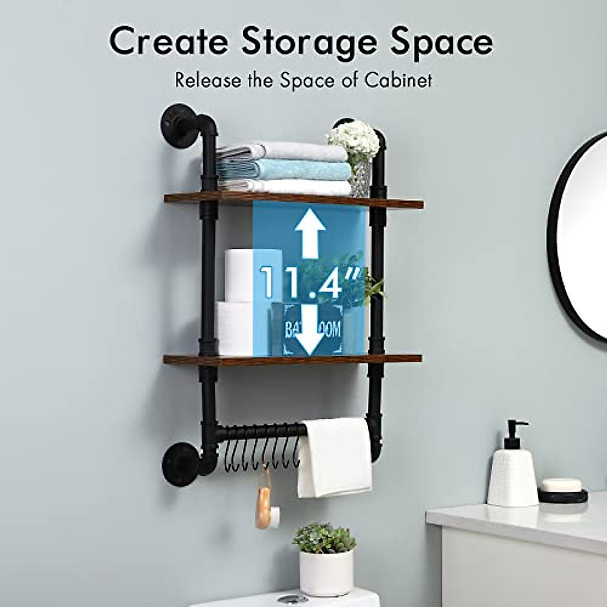 KES Bathroom Shelves Industrial Pipe Shelving Pipe Shelves 19-Inch Shelves with Bar for Bathroom Wall Rustic Farmhouse Industrial 2 Tier Iron Wall Mounted Black, BTR501S48-BK