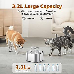DOOOB Cat Water Fountain,3.2L/108OZ Square Stainless Steel Pet Water Dispenser Metal Dog Drinking Fountains Water Bowl with 3 Replacement Filters Ultra-Quiet Pump and Waterproof Food Mats
