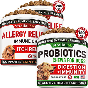 STRELLALAB Dog Allergy Relief 2 Packs 240 ct + Probiotics 120ct - Dog Itchy Skin Treatment - Omega 3 & Pumpkin + Prebiotics - Allergy Chews & Anti Itch Support Supplement + Gas, Upset Stomach Relief