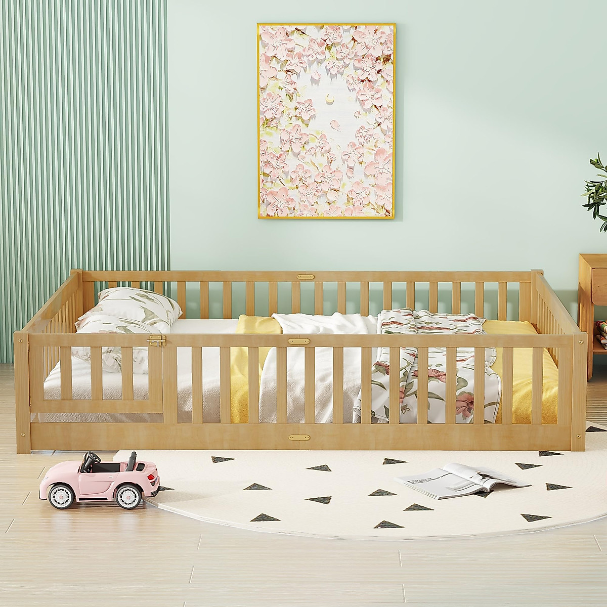 Bellemave Queen Size Floor Bed with Door,Kids Montessori Floor Bed with Slats and Fence,Solid Wood Queen Bed Frame for Girls Boys(Queen,Natural)