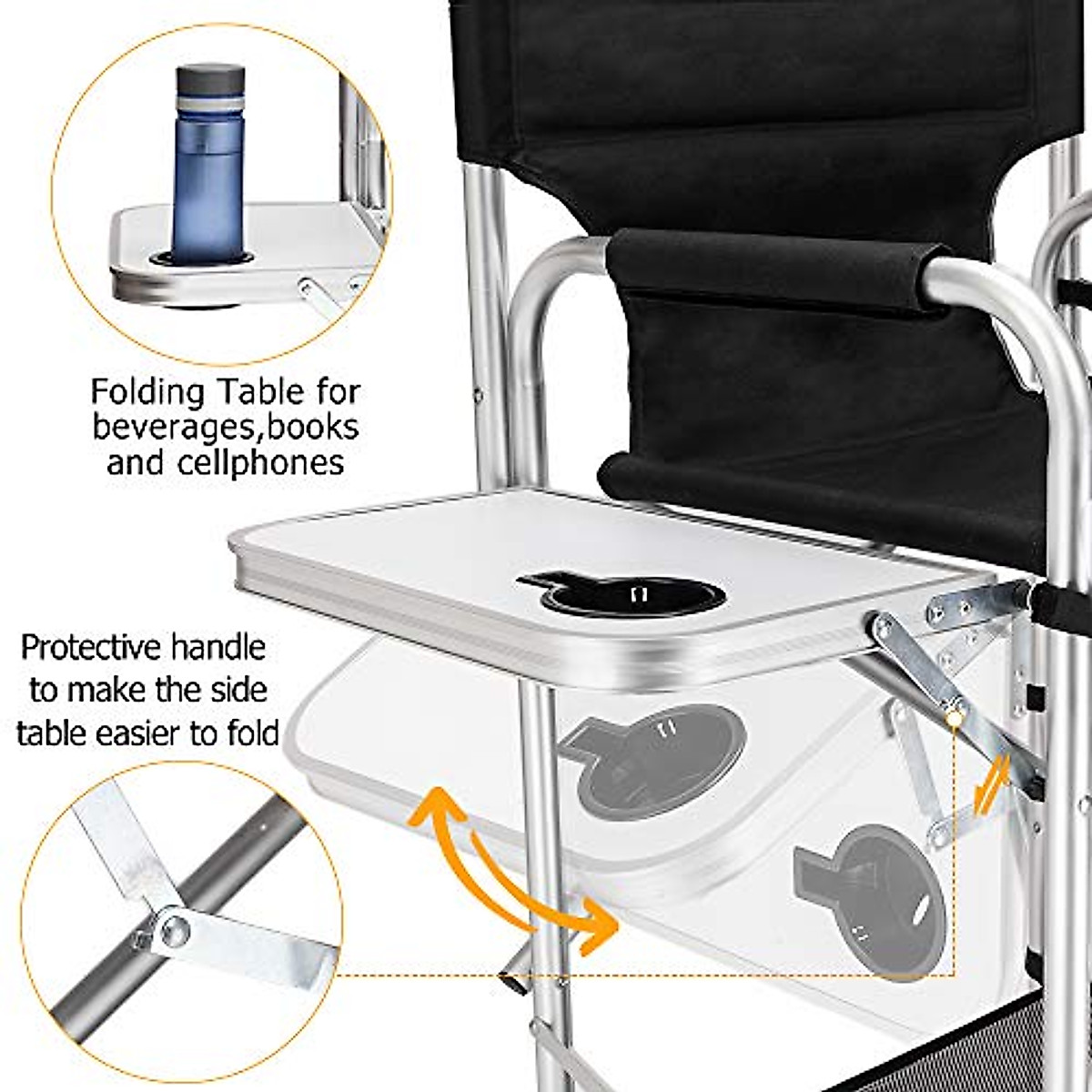 mefeir 2 PCS 31" Tall Upgraded Director Makeup Artist Chair Bar Height, Aluminum Frame Supports 300 lbs, Folding Portable with Side Table Storage Bag Black,19.2" D x 23.6" W x 45.6" H