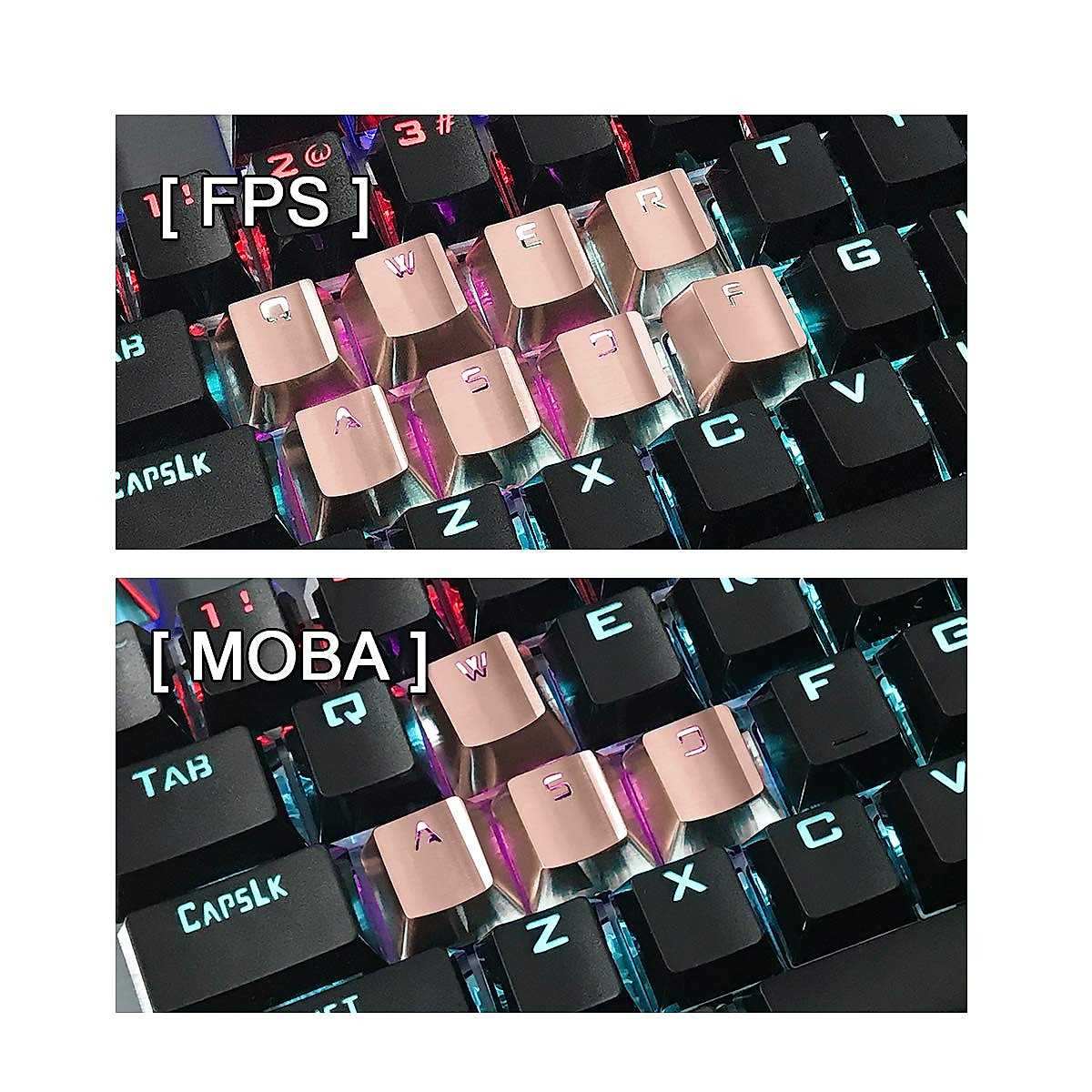 Fitlink FPS & MOBA Gaming Keycaps, Stainless Steel Metal Keycaps with Key Puller for Mechanical Keyboard Cherry Mx Switch 9 (WASD,Rose Gold)