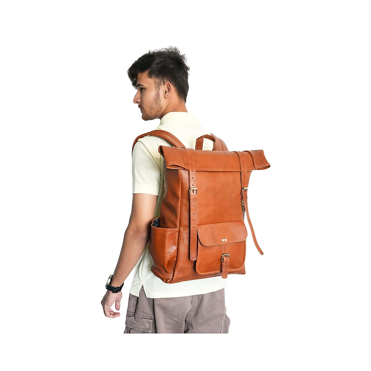 jaald 23" Brown Leather Backpack Vintage Rucksack Laptop Bag Water Resistant Roll Top College Bookbag Comfortable Lightweight Travel Hiking/picnic For Men