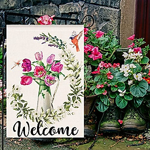 Pinknoke Spring Floral Garden Flag 12x18 Inch Small Size Vertical Double Sided, eucalyptus garland Tulip Burlap Summer Outdoor Seasonal Yard Welcome Decoration (Garden Size / 12.5 x 18 Inch)