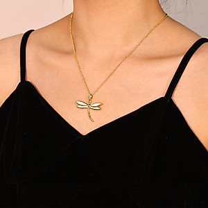 FANCIME Yellow Gold Plated Sterling Silver Opal Dragonfly Necklace Long Chain Charm Dainty Pendant October Birthstone Jewelry for Women 16"+2"