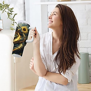 Slewiaeky Tumbler with Handle 40 oz Multicolor Dragon Wild Travel Mug with Lid and Straw Sunflower Stainless Steel Vacuum Insulated Water Bottle Cup for Iced Tea Coffee Cold Beverages Cup Holder Frie