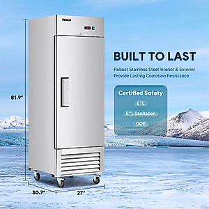 WILPREP Commercial Freezer, 27" ETL-Listed 1 Solid Door Upright Freezer with 18.7 cu. ft. Capacity, Stainless Steel Reach in Freezer with Air Cooling