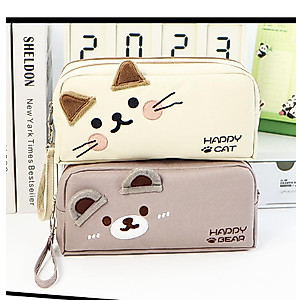 KGJGFX Doubel Layer Large Capacity Pencil Case with Embroidered Cats Grid Compartment of Pen Slots in Black & White Pen Holders Pen Pouch (Beige Cat with 3 Layers)