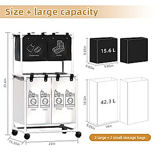 Laundry Hamper, laundry sorter 4 sections for Dirty Clothes, Rolling Laundry Basket with Large Capacity and Removable Bags for Clothes Storage,Large Laundry Storage for Room,White