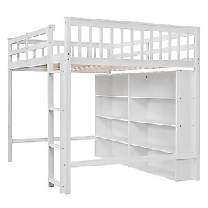 Harper & Bright Designs Full Size Loft Bed with Storage, Wooden Loft Bed Frame with 8 Open Storage Shelves and Built-in Ladder, White