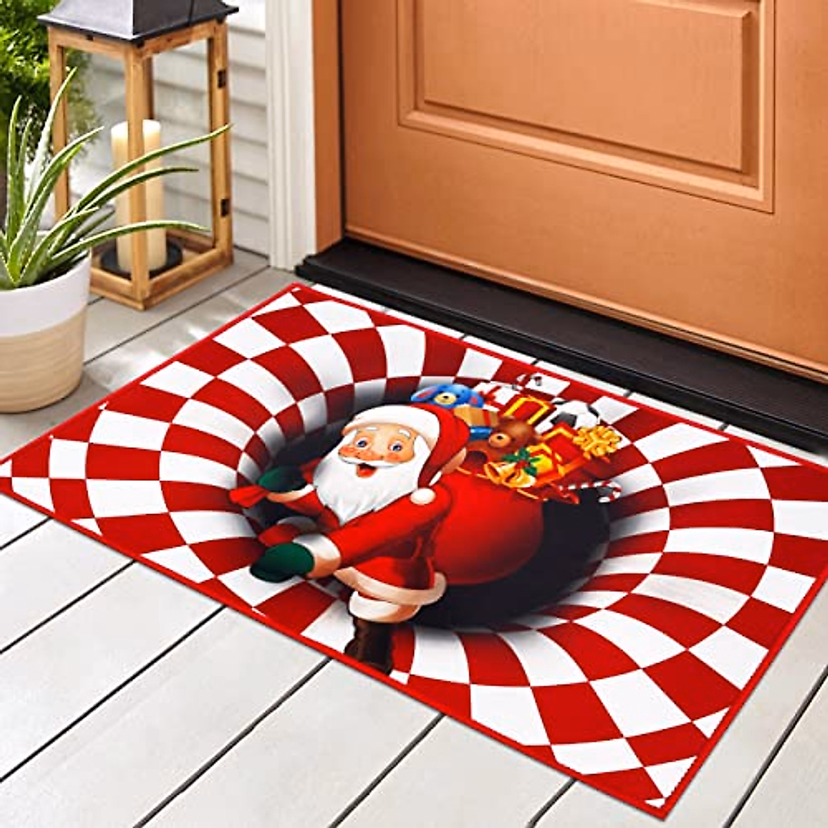 Illusion Christmas Door Mat Xmas Santa Claus with Gifts 3D Visual Vortex Red and White Plaid Rug for Christmas Front Door Non-Slip Welcome Entrance Door Mat Kitchen Home Bathroom Carpet Decorations