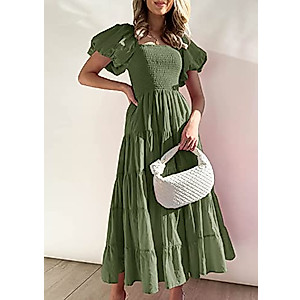 ZESICA Women's 2023 Summer Square Neck Short Puff Sleeve Solid Color High Waist Casual Smocked Flowy A Line Tiered Midi Dress,ArmyGreen,Small